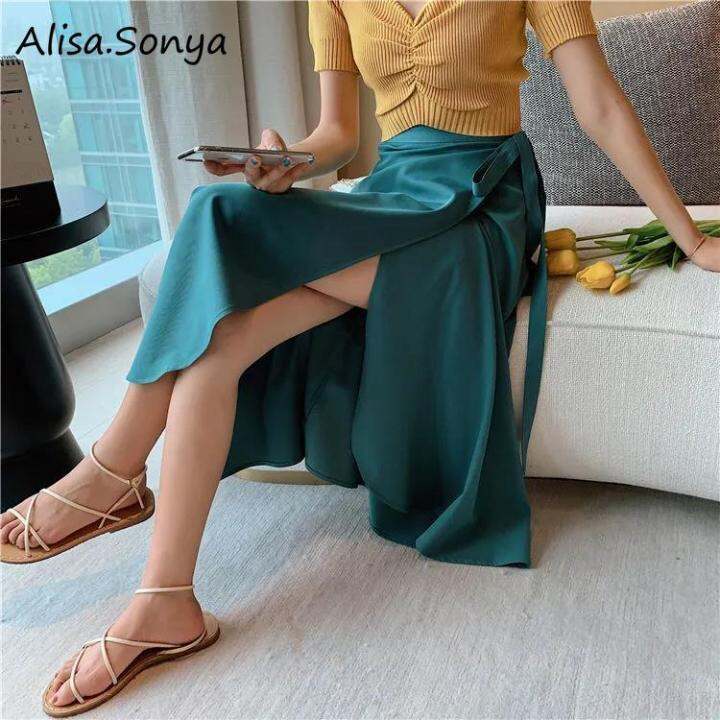 Alisasonya Chiffon Skirts For Women Mid Length Lace Up Skirts High Waist One Piece Skirt