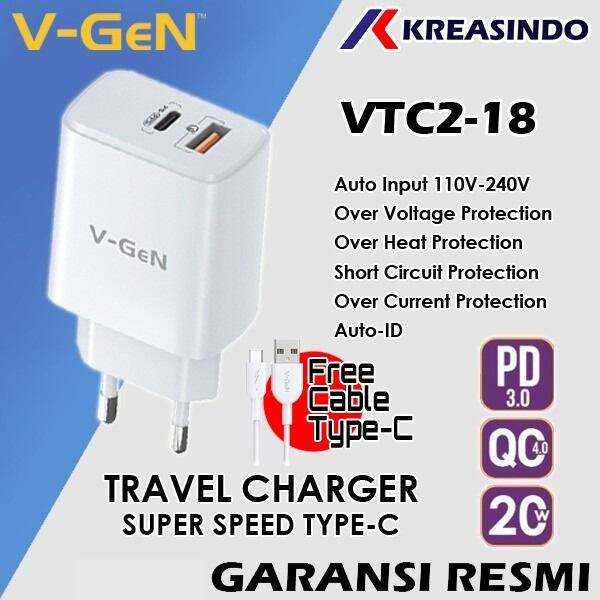 VGEN V-GeN VTC2-18 Adapter Charge Fast Charging QC 4.0 PD Type C 20W ...