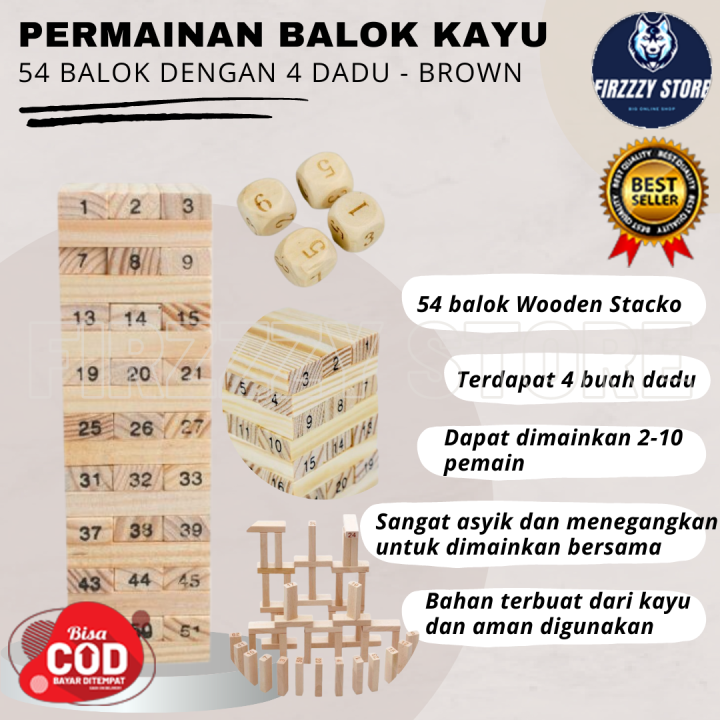 Permainan Balok Kayu 54 Balok Dengan 4 Dadu | Lazada Indonesia