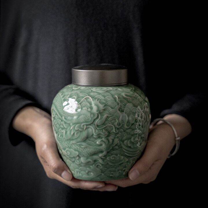 Celadon Dragon Tea Box Organizer Teaware Cloud Tea Container Can Jar ...