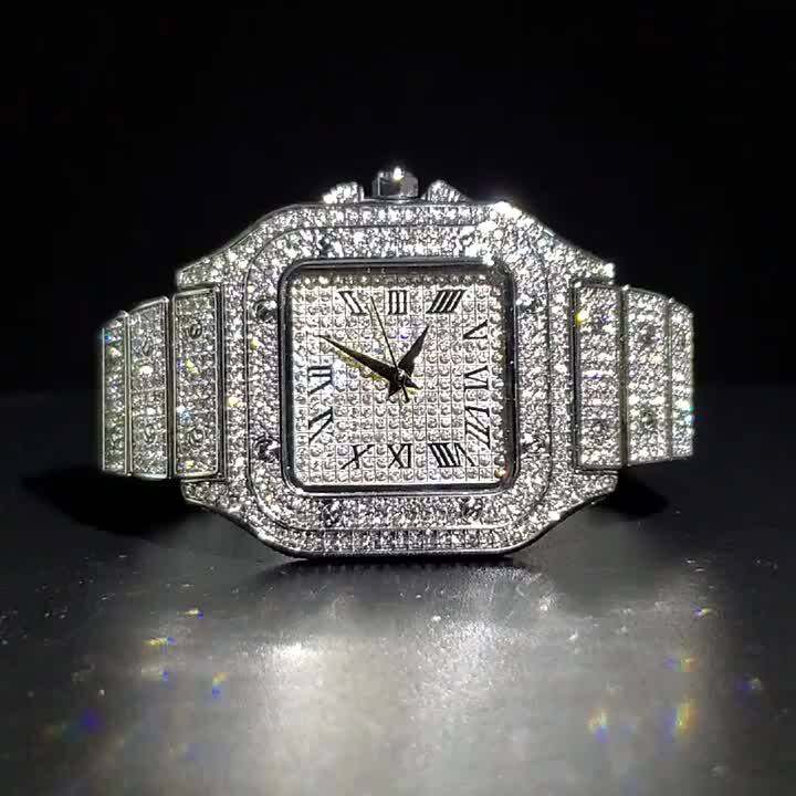 Fashion Mens Shiny Diamonds Quartz Watch Vintage Roman Numerals Square ...