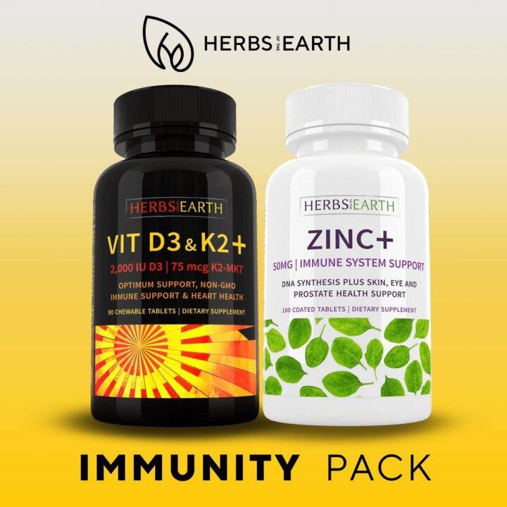 Immunity Pack Vitamin D3 k2 MK-7 90 Chewables and ZINC 50mg 100 Tablets from Herbs of the Earth ...