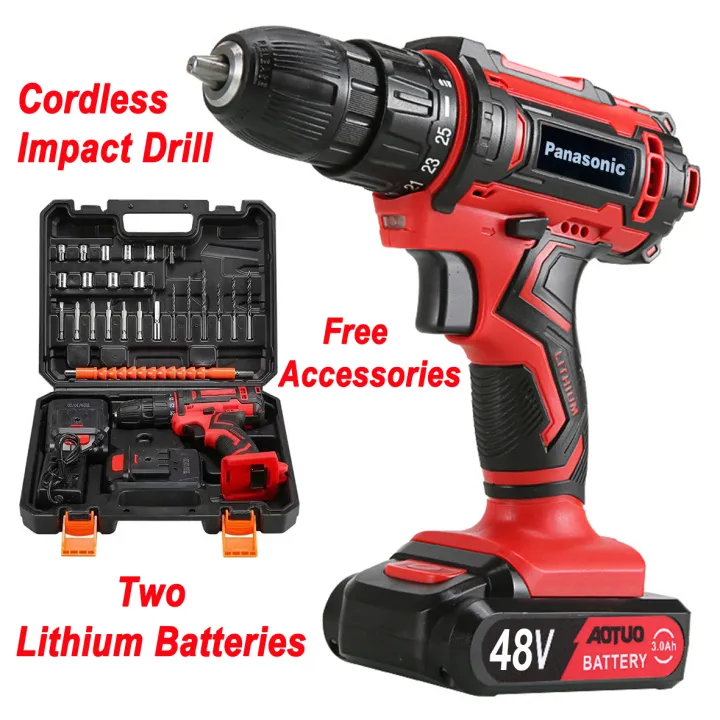 PANASONIC Electric Drill 2 Lithium-Ion Batteries 48v High-Power Double ...