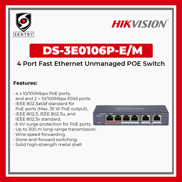 HIKVISION DS-3E0106P-E/M 4 Port Fast Ethernet Unmanaged POE Switch | Lazada PH