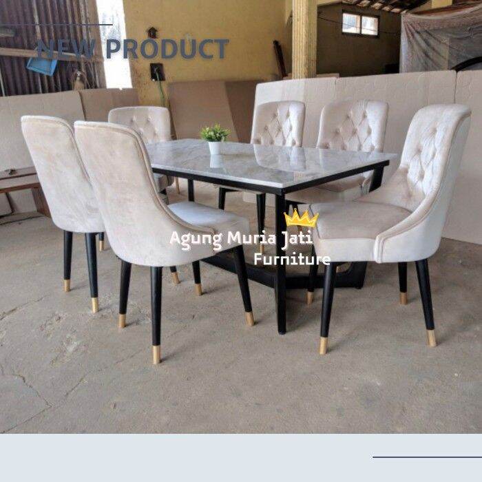 Meja Makan Besi Hollow Marmer Carara 180x90 Cm 6 Kursi Bludru Halus ...