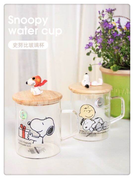 Snoopy Peanuts Transparent Heat Resistance Glass Cup With Wooden Bamboo ...