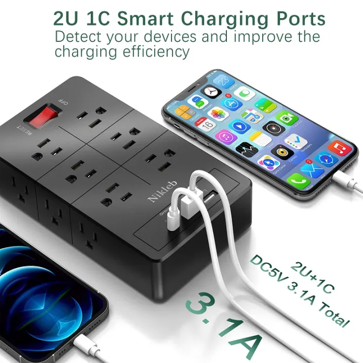 Surge Protector Power Strip Extension Cord 6ft with 12 Outlets 3 USB ...