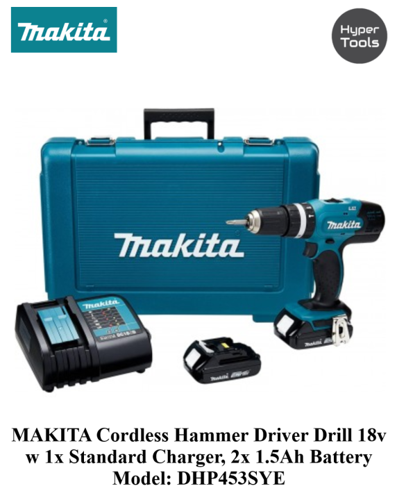 MAKITA Cordless Hammer Driver Drill 18v Set w 1x Standard Charger, 2x 1.5Ah Battery (Model ...