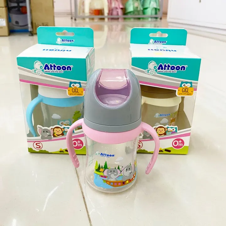 [1ขวด] ขวดนมคอกว้าง ขวดนมมีแขนจับ ขนาด 4ออนซ์ พร้อมจุกนม เบอร์-S ATTOON Wide Neck Feeding Bottle ...