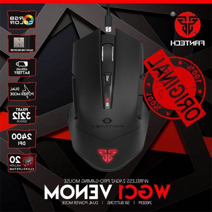 ORIGINAL FANTECH WGC1 WGC2 2.4G Wireless Mouse rechargable Venom with PIXART Gaming Sensor RGB ...