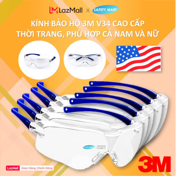 Hộp 5 chiếc kính bảo hộ 3M V34 thời trang, chống bụi, chống nắng tia UVi, chống xước bảo vệ mắt ...