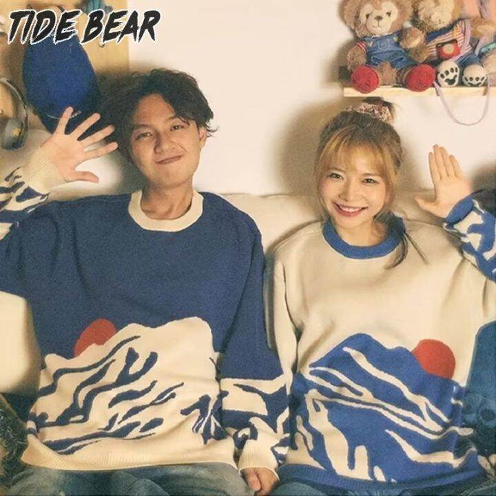 TIDE BEAR เสื้อถักแบบฝรั่งเศสทรงหลวมเสื้อกันหนาวพิมพ์ลายปักแบบหลวมคอกลม ...