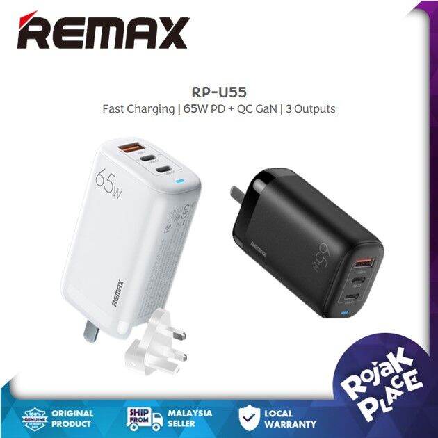 REMAX RP-U55 65W Dual Type C PD+ QC GaN 3 USB Multi Compatible Fast Charging Wall Charger ...