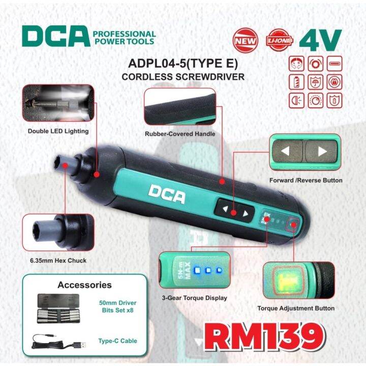 DCA 4V / 2.0AH CORDLESS SCREWDRIVER ADPL04-5 WITH TYPE-C CHARGING CABLE ...