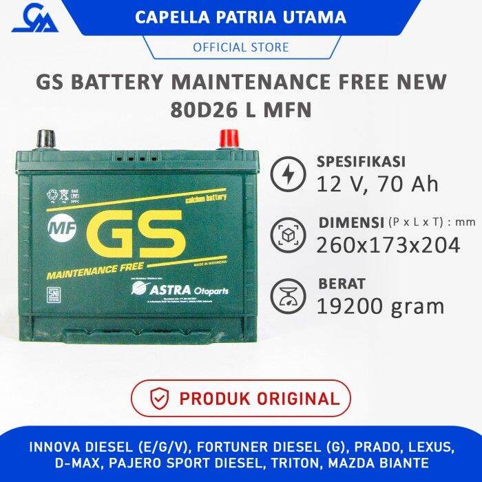 AKI GS ASTRA 80D26 L / 80D26L MF BIANTE PAJERO SPORT TRITON FORTUNER KIJANG INNOVA PRADO ISUZU D ...