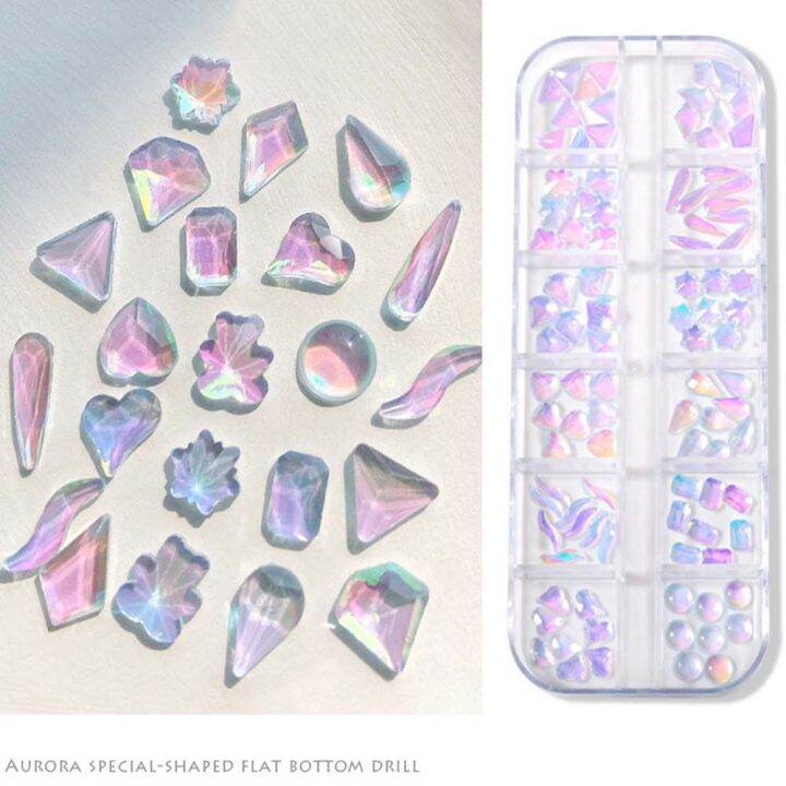 ชุดเครื่องประดับเล็บรูปหัวใจแบบ3D Y2K2 12ช่องแบบ DIY ตกแต่งศิลปะเล็บออโรร่าทรงกลมเครื่องประดับ ...