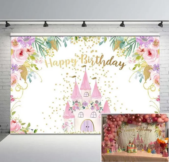 Castle Birthday Backdrop Flowers Gold Dots Fantasy Castle Happy ...