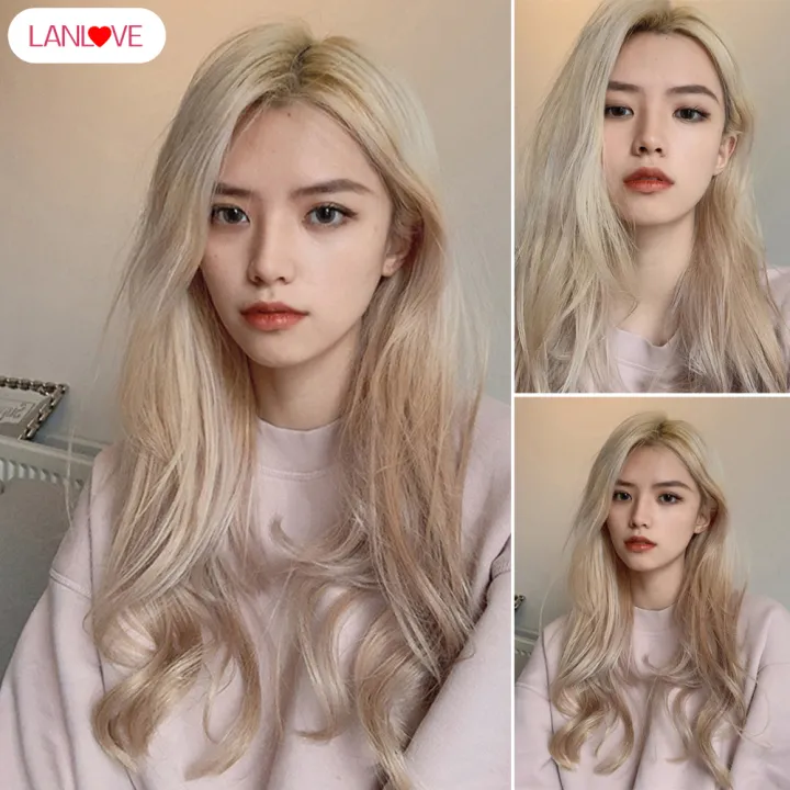 LANLOVE วิกผมยาวทรงครีม-ขาววิกผมลอนธรรมชาติวิกผมใช้ในชีวิตประจำวันสำหรับผู้หญิงวิกผม68ซม. ...
