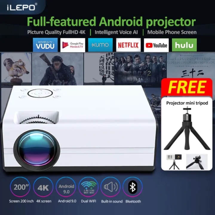 Upgrade Android 9.0 LCD iLEPO Projector 6000 lumens HD 200 inch screen ...