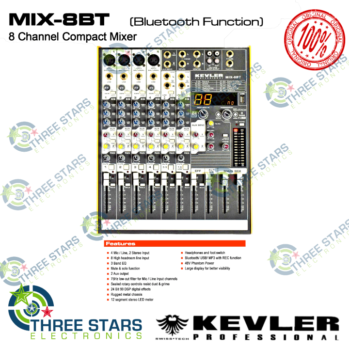 Kevler MIX-8BT Professional Mixer with 8 Channel 4 Mic / Line 2 Aux ...