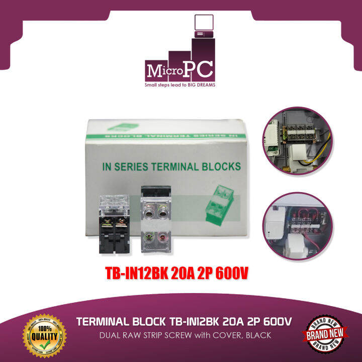 TERMINAL BLOCK TB-IN12BK 20A 2P 600V, DUAL RAW STRIP SCREW with COVER ...