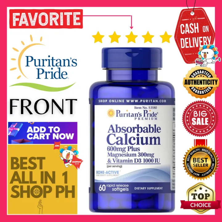 Puritan's Pride Absorbable Calcium 600mg plus Magnesium 300mg & Vitamin ...