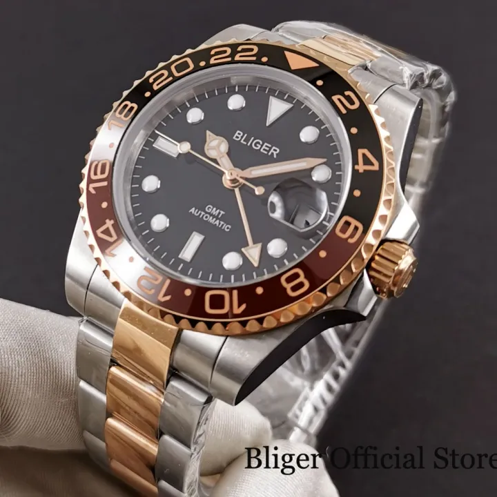 BLIGER Brand Root Beer Rose Gold Automatic Men Watch Sapphire Glass GMT ...