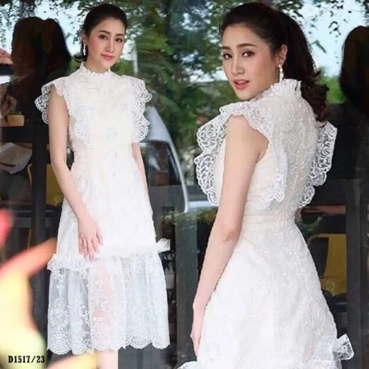 D1517 เดรสยาว ผ้าลูกไม้เนื้อนิ่มมีซับใน คอและแขนระบาย ชายต่อระบาย ซิป ...