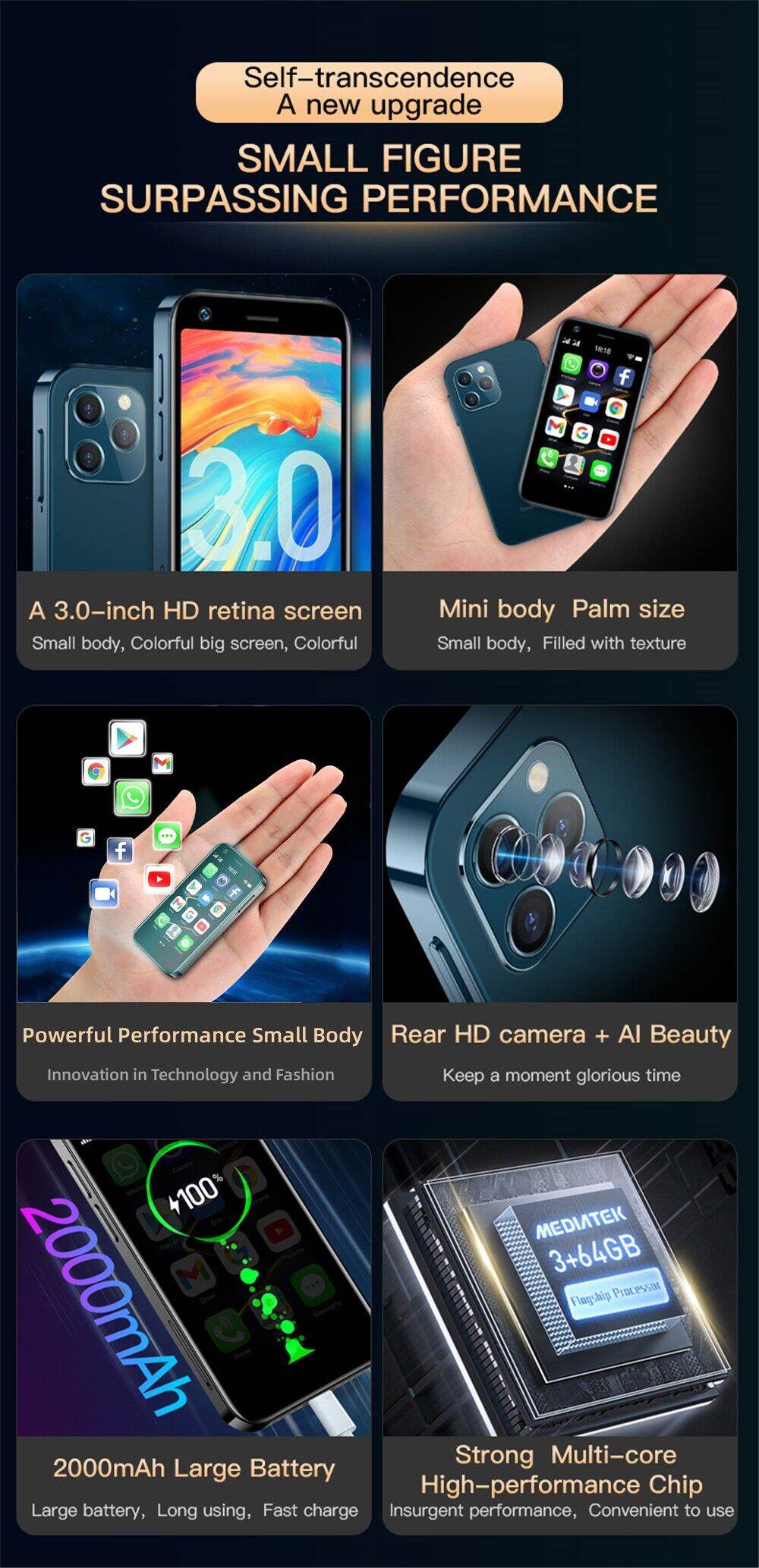 2023 ใหม่ SOYES XS12 Octa-core Mini 4G สมาร์ทโฟน 3.0 นิ้ว 2/3GB RAM 16GB/32GB/64GB ROM 13MP HD ...