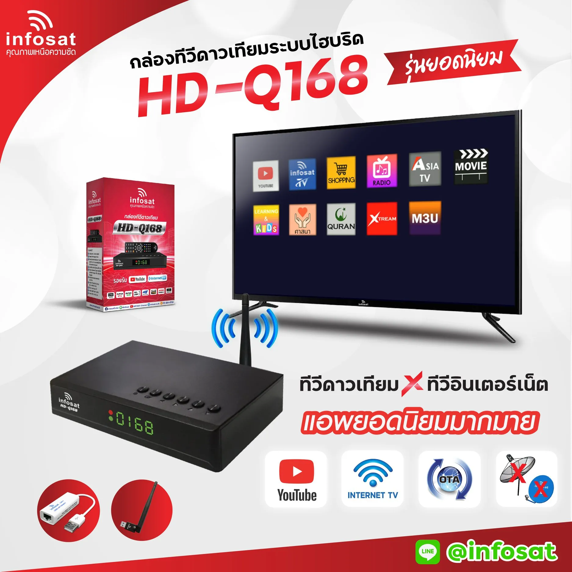 กล่องรับสัณญาณ ทีวี ดาวเทียม INFOSAT รุ่น HD-Q168 รองรับ Youtube ดำ One | Thisshop
