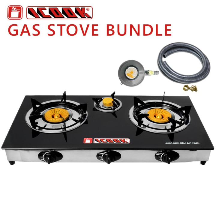 Triple Burner Gas Stove Glass Top IC823 w/ LPG Hose and LPG Regulator ...