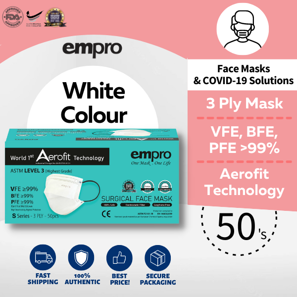 Empro S Series White 3 Ply Surgical Face Mask with White Ear Loops ...