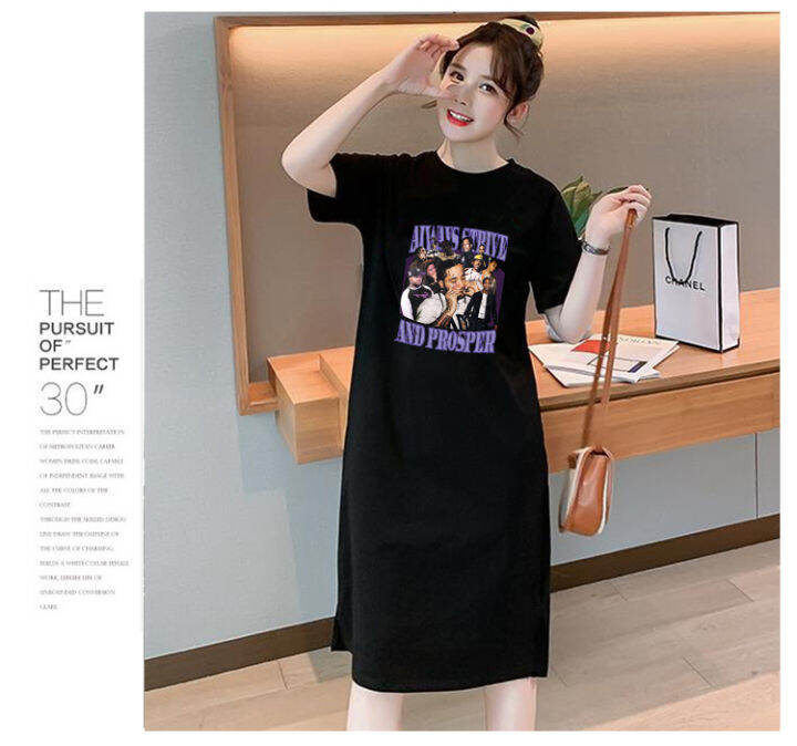 Q277เดรสยาวเสื้อยืดแฟชั่นผู้หญิงสไตล์เกาหลี คอกลมแขนสั้น เนื้อผ้ายืดหยุ่นดี กระโปรงเสื้อยืดทรง ...