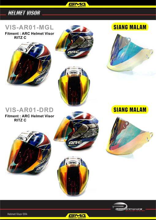 ARC RITZ / AR1 / AR3 / AR4 / YF1 HELMET VISOR SIANG MALAM GMA LC135 ...