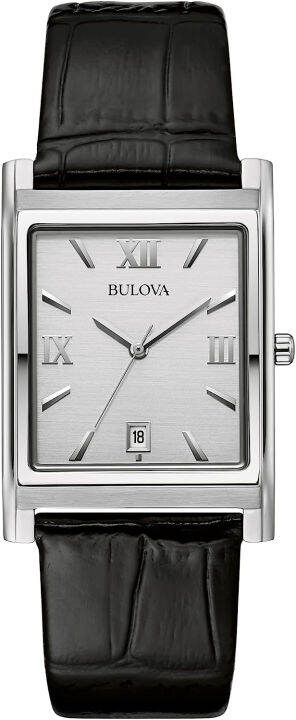 Bulova Men's Stainless Steel 3-Hand Calendar Date Quartz Watch with Black Leather Strap ...