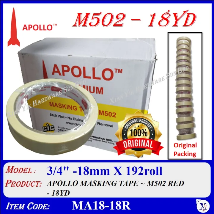 MA18-18R [ 1ctn X 192roll ] M502 18mm X 18Y APOLLO MASKING TAPE ( GRADE ONE ) 100% ORIGINAL | Lazada