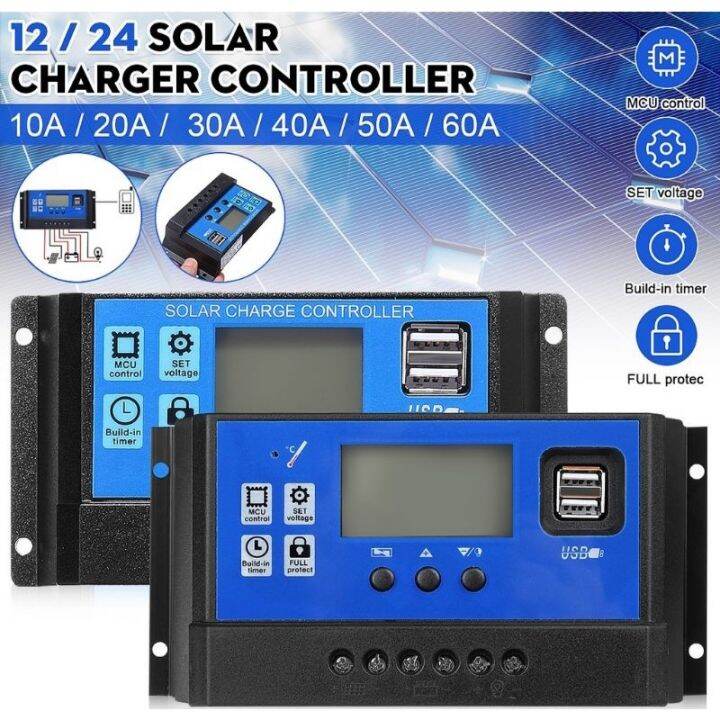Solar Panel Regulator Charge Controller 10A 20A 30A 40A 50A 60A PWM 12V/24V with LCD Display ...