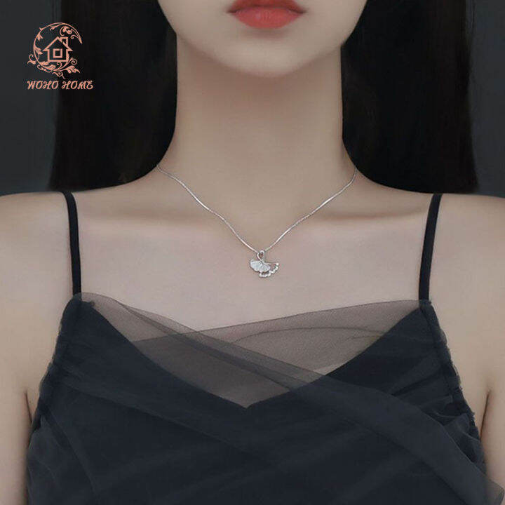 Sanhe 2022ใหม่จี้ใบแปะก๊วยสร้อยคอเงินแฟชั่นสำหรับผู้หญิงอารมณ์เย็นห่วงโซ่กระดูก | Lazada.co.th