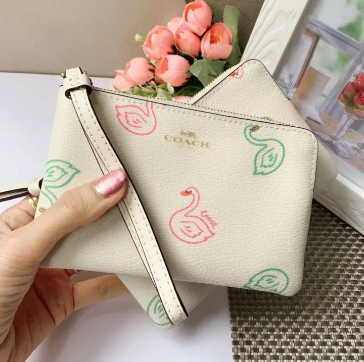 Original Coach Corner Zip Wristlet With Swan Print C8380 - Chalk ...
