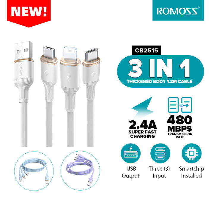 【New Arrival】Romoss CB2515 1.2M 3 in 1 USB Cable Single Cord 2.4A Max ...