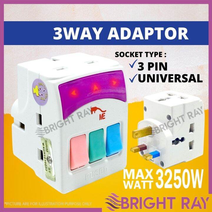 ME 13 Amp 3 Way Switch Adaptor 3 Pin / Universal Socket With Neon ...