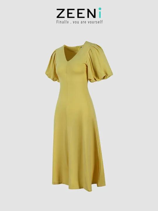 ZEENI ชุดเดรสทรงเอสไตล์เกาหลีสำหรับผู้หญิงยาวปานกลางคอวีสีเหลือง ...