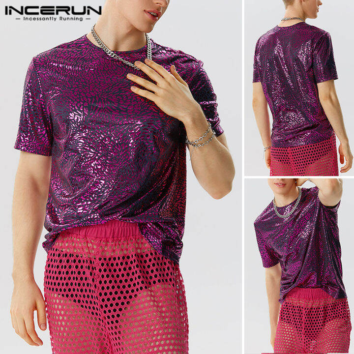 Beehoo INCERUN แขนสั้นสำหรับผู้ชายเสื้อยืดคอกลมสีม่วงสะท้อนแสงยกทรง ...