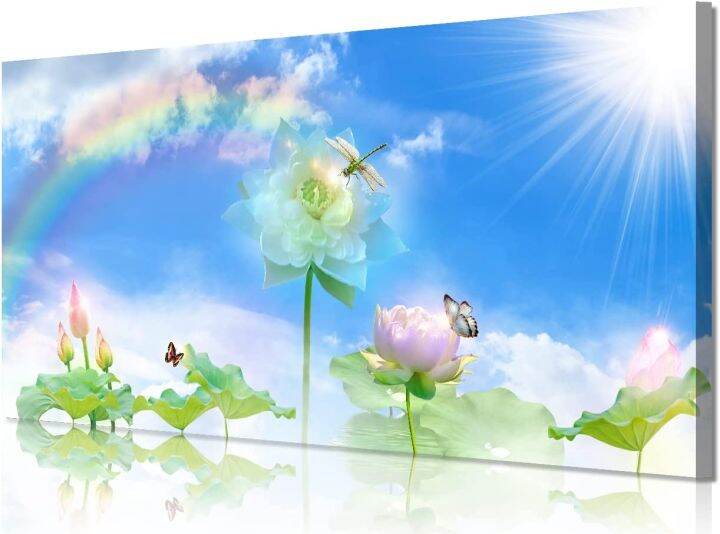 Dinding pemandangan Art Rainbow Lotus lukisan alam gambar dinding besar ...