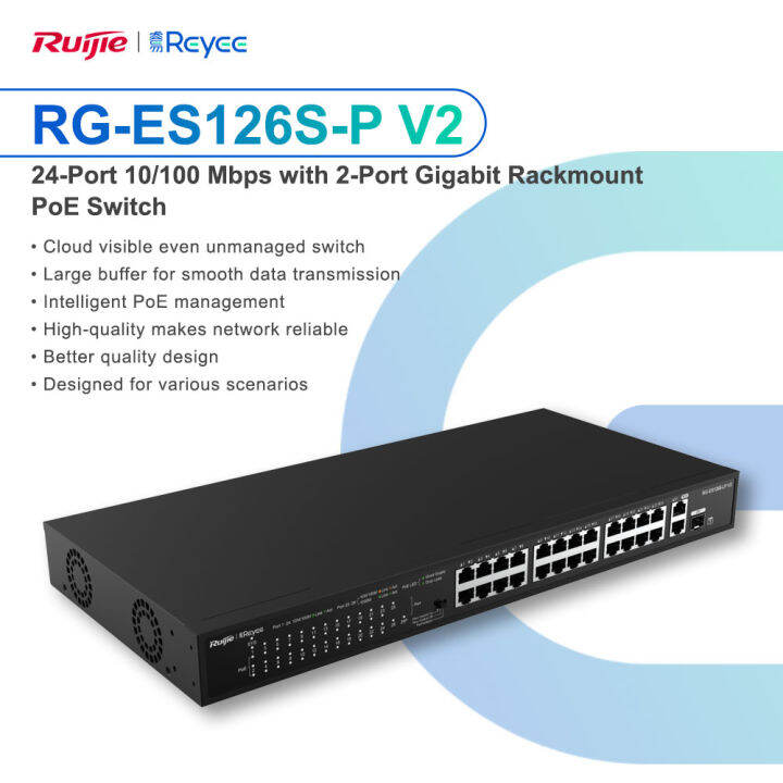 Reyee RG-ES126S-P V2 24-Port 10/100 Mbps with 2-Port Gigabit Rackmount ...