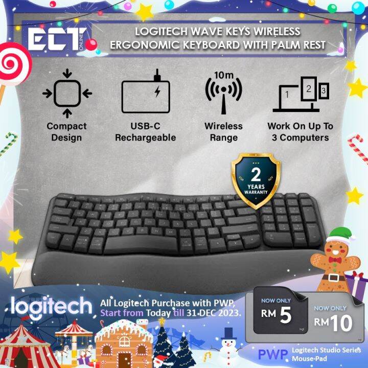 Logitech Wave Keys Wireless Ergonomic Keyboard with Palm Rest | Combo ...