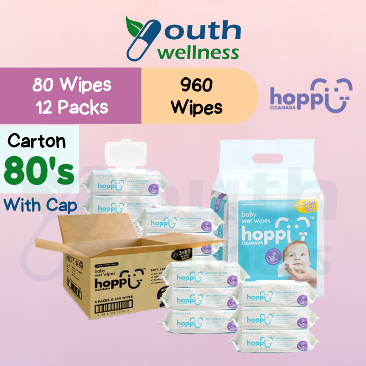 [Carton] Hoppi Premium Baby Wet Wipes 80's (12 packs) 99% Pure EDI Water | Lazada