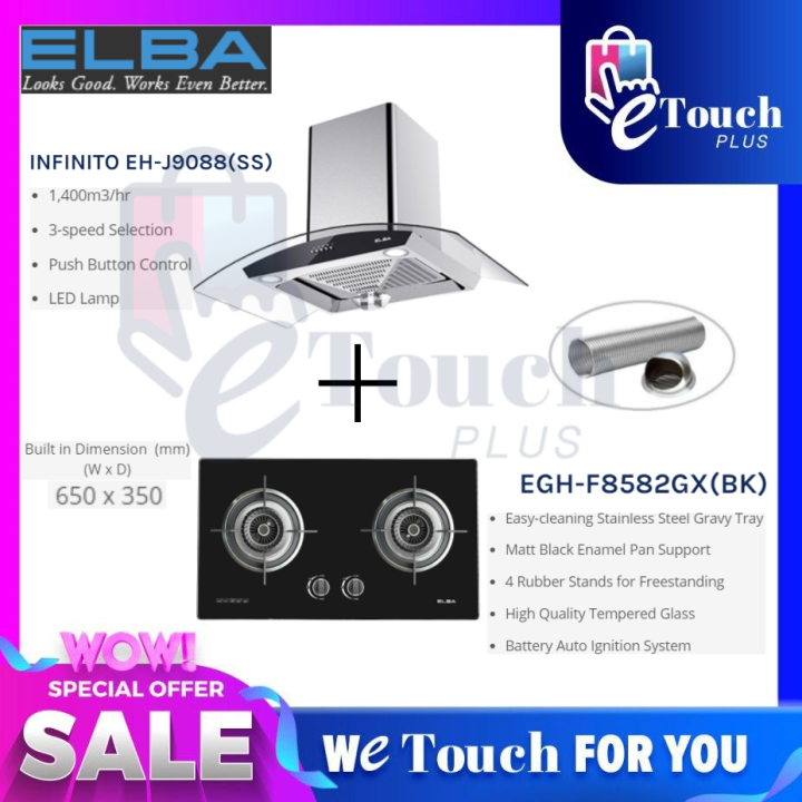 Elba Cooker Hood & Hob Package Infinito [ EH-J9088(SS) + EGH-F8582GX(BK) ] / Free Ducting Cap ...
