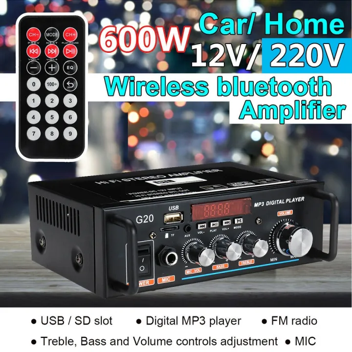 600W Bluetooth Amplifier HIFI Audio Stereo Power 300w+300w 2CH AMP USB FM Radio Car Home Theater ...