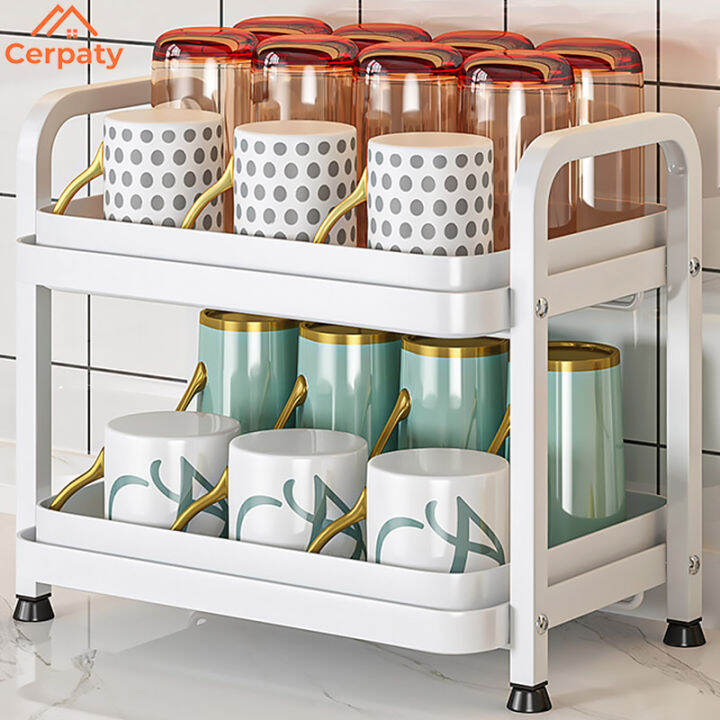 2-Tier Water Cup Shelf Drain Tray Storage Rack Cup Holder Mug Coffee ...